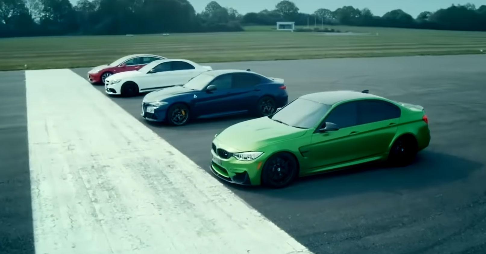 Tesla Model 3 vs Merc-AMG C 63 S vs BMW M3 vs Alfa Giulia Q - TopGear