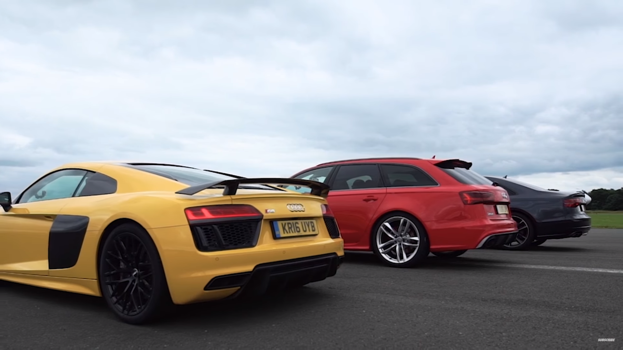 Audi R8 V10 Plus vs Audi RS 6 vs Audi S8 in een dragrace - TopGear