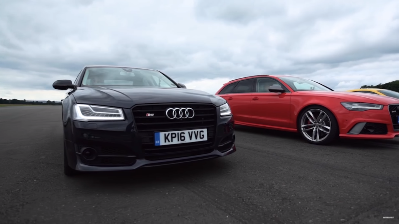 Audi R8 V10 Plus vs Audi RS 6 vs Audi S8 in een dragrace - TopGear