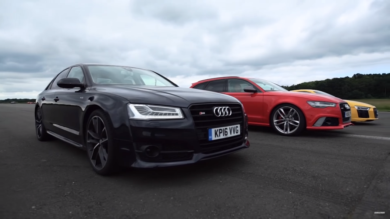 Audi R8 V10 Plus vs Audi RS 6 vs Audi S8 in een dragrace - TopGear