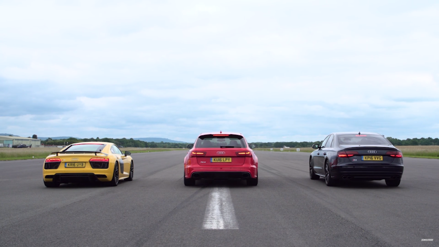 Audi R8 V10 Plus vs Audi RS 6 vs Audi S8 in een dragrace - TopGear